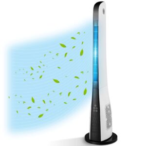 breezewell 43 inch bladeless tower fan w/ 3 wind speeds & 3 modes, 15-hour timer, remote control, ultra-quiet & slim 45° oscillating personal fan for whole room home & office