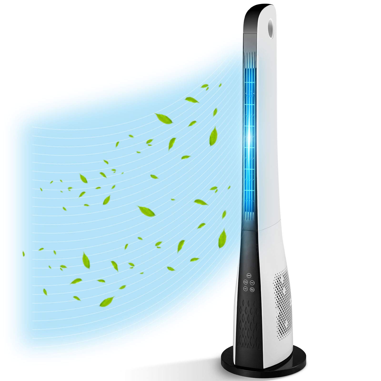 BREEZEWELL 43 Inch Bladeless Tower Fan w/ 3 Wind Speeds & 3 Modes, 15-Hour Timer, Remote Control, Ultra-quiet & Slim 45° Oscillating Personal Fan for Whole Room Home & Office