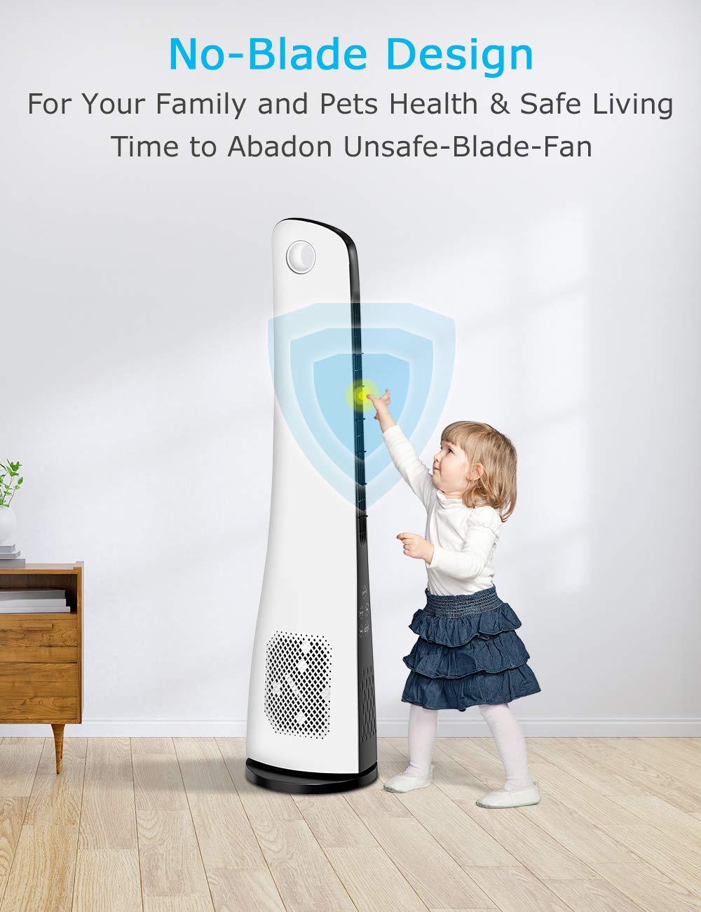 BREEZEWELL 43 Inch Bladeless Tower Fan w/ 3 Wind Speeds & 3 Modes, 15-Hour Timer, Remote Control, Ultra-quiet & Slim 45° Oscillating Personal Fan for Whole Room Home & Office