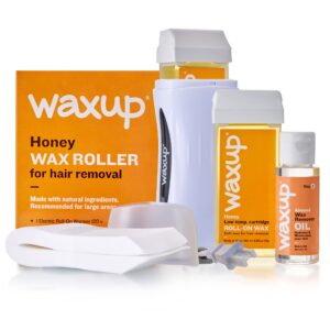 waxup roll on wax kit for hair removal, roller waxing kit for women, 1 portable wax warmer, 25 non woven waxing strips, 2 honey wax roller kit refill, 1 almond oil wax remover