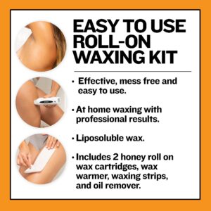 waxup Roll on Wax Kit for Hair Removal, Roller Waxing Kit for Women, 1 Portable Wax Warmer, 25 Non Woven Waxing Strips, 2 Honey Wax Roller Kit Refill, 1 Almond Oil Wax Remover