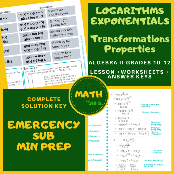 Logarithms Properties & Transformation Algebra 2 Lesson + Worksheet + Answer Key Minimum Prep for Substitute Teachers