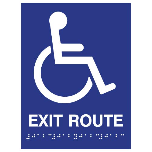 STOPSignsAndMore - ADA Compliant Accessible Symbol Exit Route Sign with Text and Braille - 6x8 (Blue) | 1/32" Tactile Copy/Images on 1/8" Acrylic