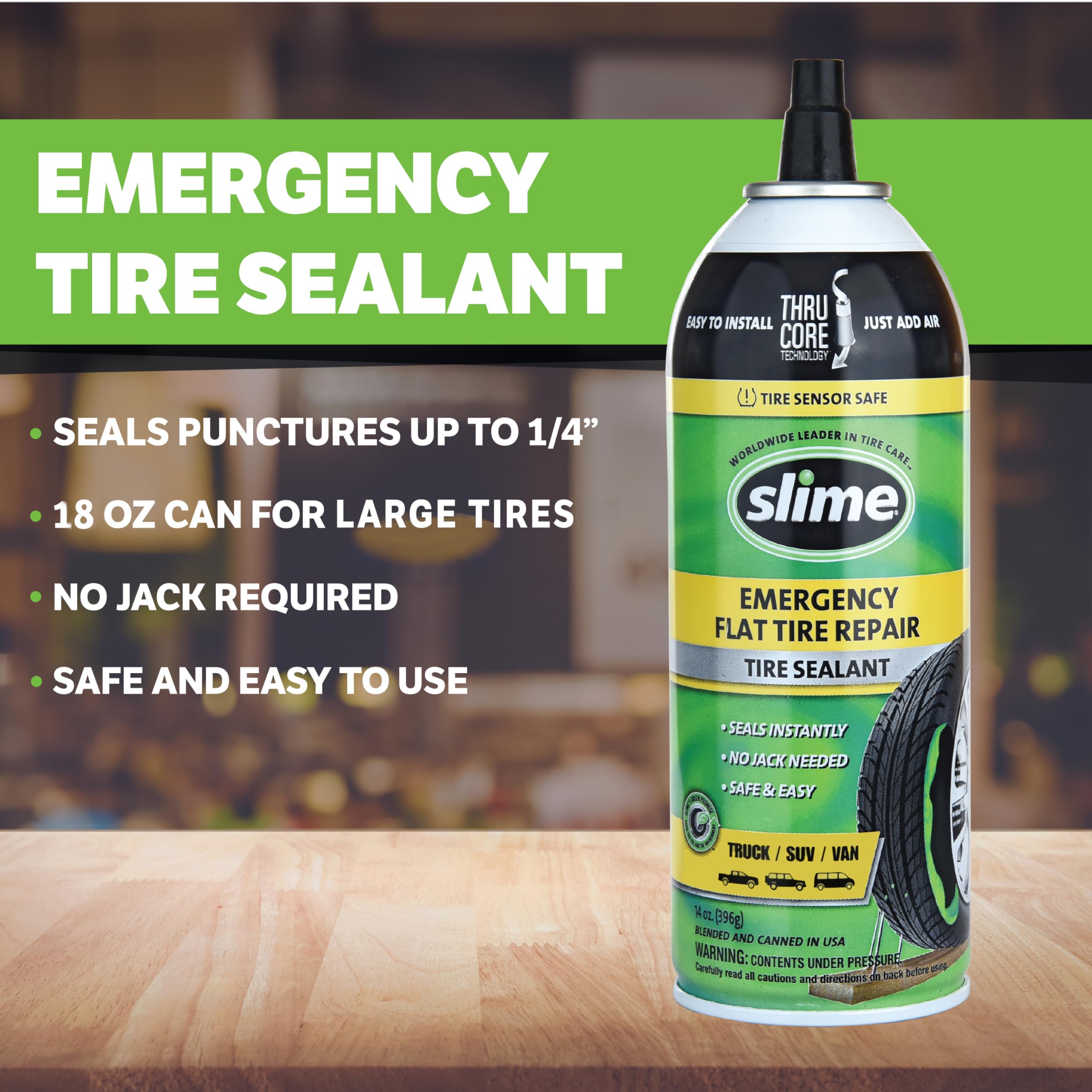 Slime 60187 Flat Tire Puncture Repair Sealant, Emergency Repair for Highway Vehicles, Suitable for Cars/Trailers, Non-Toxic, eco-Friendly, 18oz