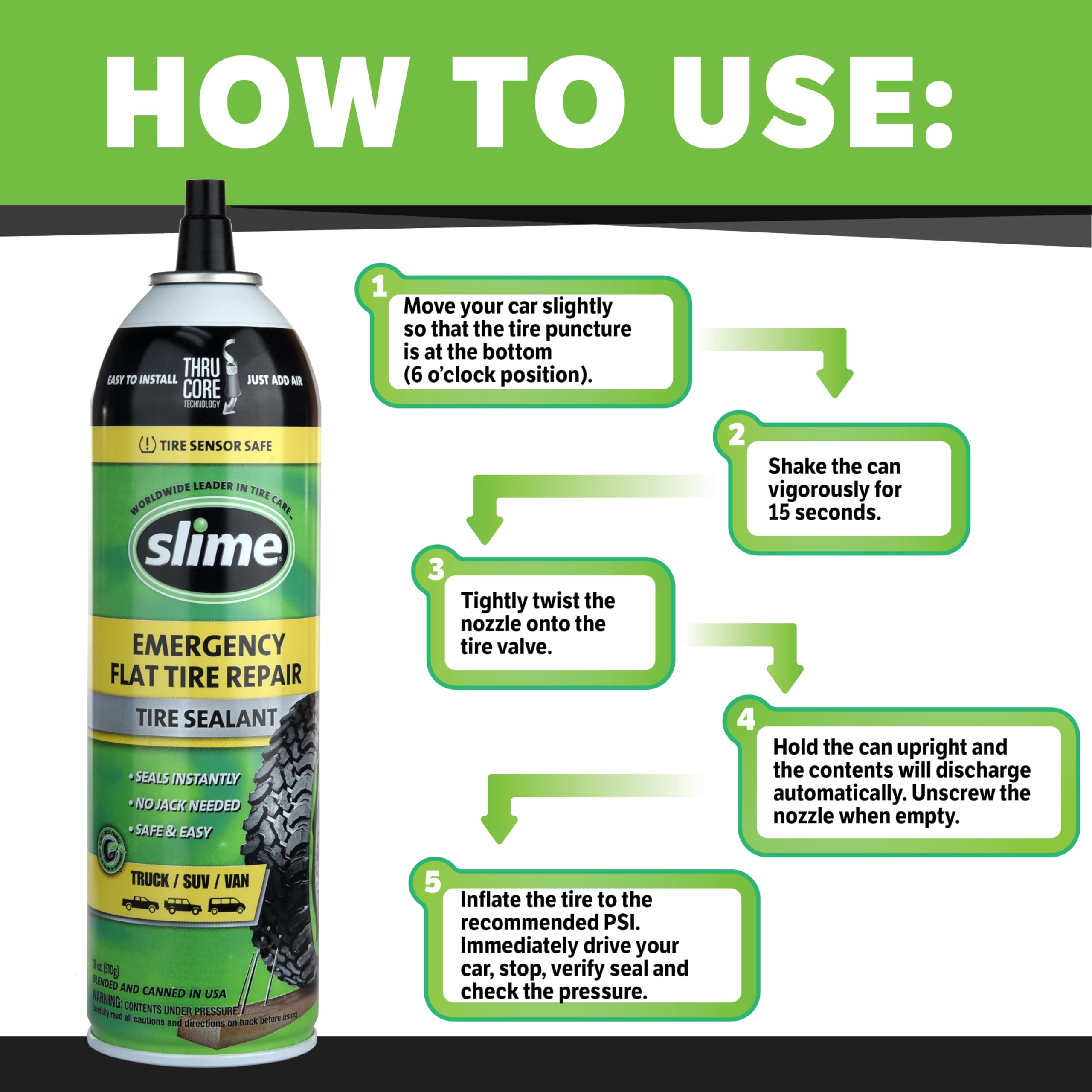 Slime 60187 Flat Tire Puncture Repair Sealant, Emergency Repair for Highway Vehicles, Suitable for Cars/Trailers, Non-Toxic, eco-Friendly, 18oz