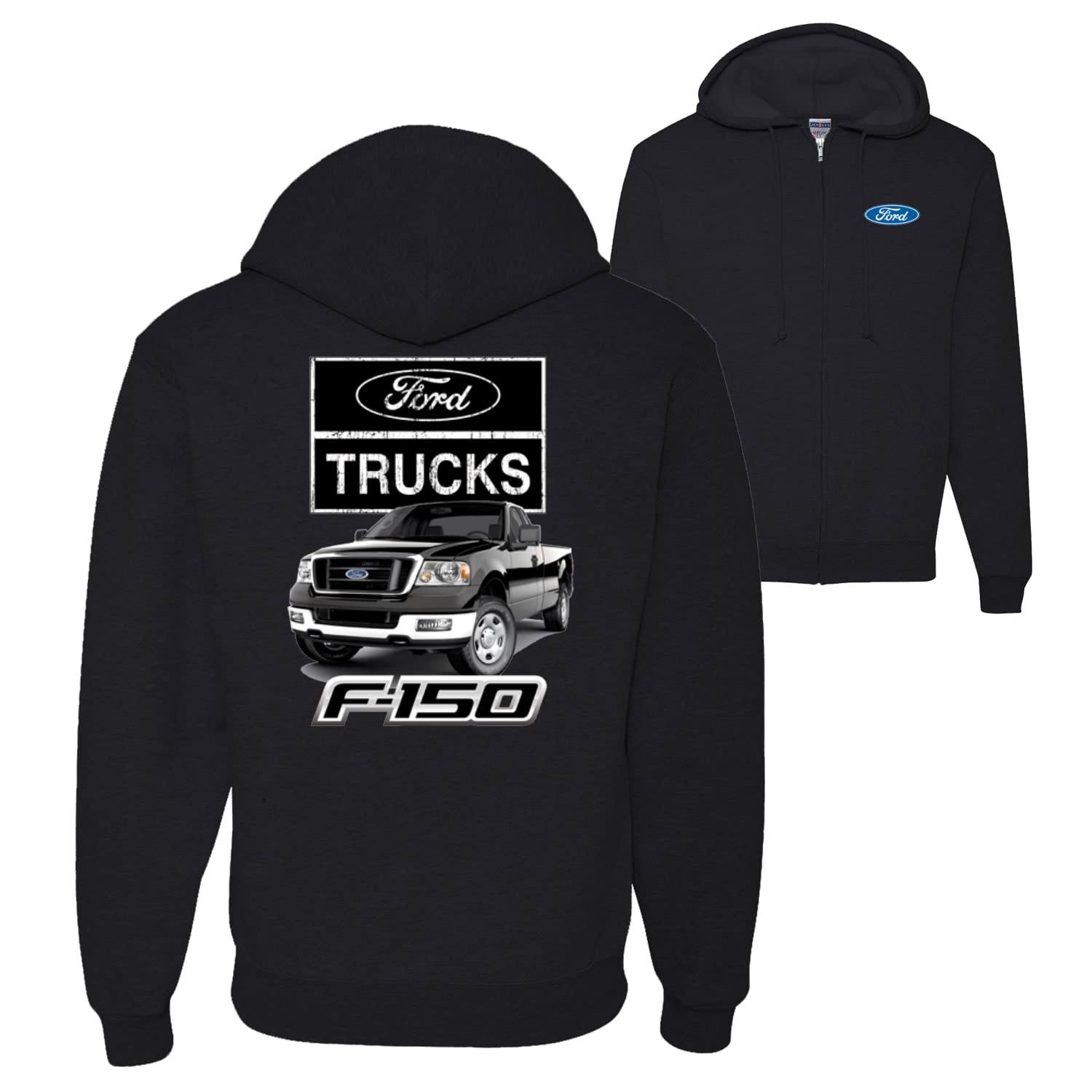 Wild Bobby Ford Trucks F150 Pickup Front Back Cars and Trucks Graphic Zip Up Hoodie Sweatshirt, Black, Medium