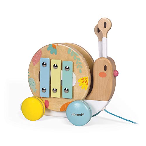 Janod Pure Pull Along Snail - Wooden 2-in1 Musical Toy - Ages 1+ - J05159