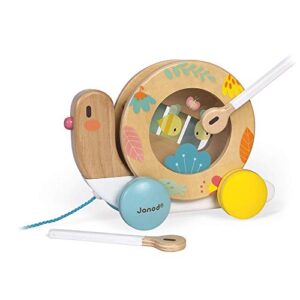 Janod Pure Pull Along Snail - Wooden 2-in1 Musical Toy - Ages 1+ - J05159