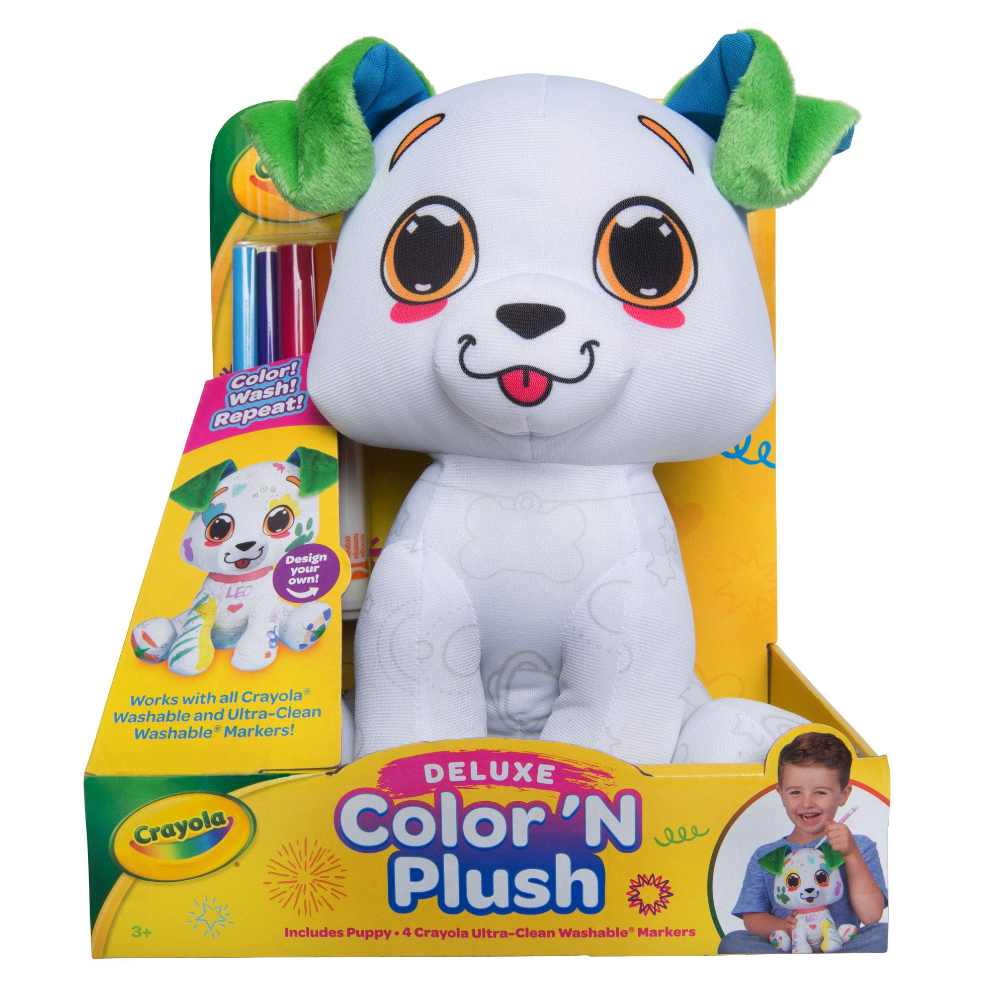 Crayola Deluxe Color ‘N Plush Puppy, 10” Stuffed Animal - Draw, Wash, Reuse – with 2 Ultra-Clean Washable Fine Line Markers, 1 Ultra-Clean Washable Broad Line Marker, 1 Washable Stamp Marker