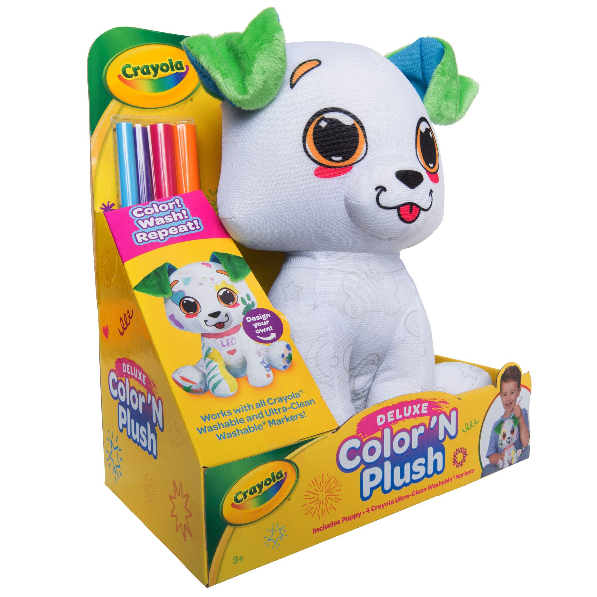 Crayola Deluxe Color ‘N Plush Puppy, 10” Stuffed Animal - Draw, Wash, Reuse – with 2 Ultra-Clean Washable Fine Line Markers, 1 Ultra-Clean Washable Broad Line Marker, 1 Washable Stamp Marker