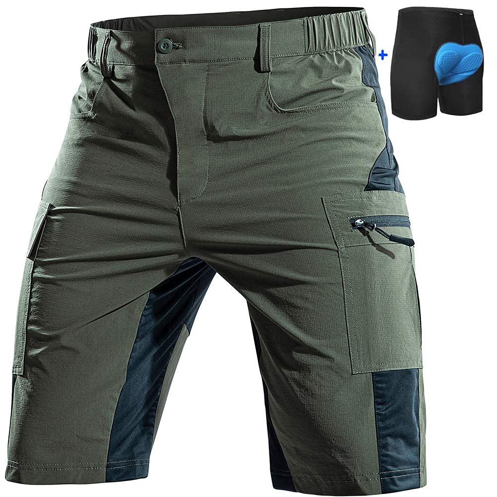 Cycorld Mountain-Bike-Shorts-Mens-Padded Biking Baggy Cycling Short Padding Liner with Zip Pockets(Army Green,Large)