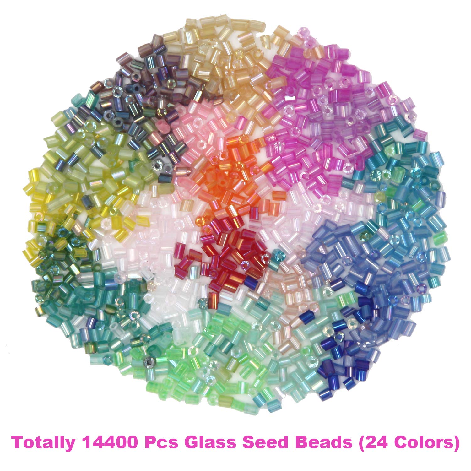 EuTengHao 14400pcs Tube Beads Bugle Glass Seed Beads Small Craft Spacer Beads for DIY Bracelet Necklaces Crafting Jewelry Making Supplies with Two Crystal String (3mm, 600 Per Color, 24 Colors)