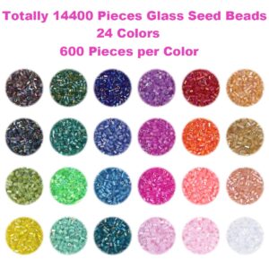 EuTengHao 14400pcs Tube Beads Bugle Glass Seed Beads Small Craft Spacer Beads for DIY Bracelet Necklaces Crafting Jewelry Making Supplies with Two Crystal String (3mm, 600 Per Color, 24 Colors)