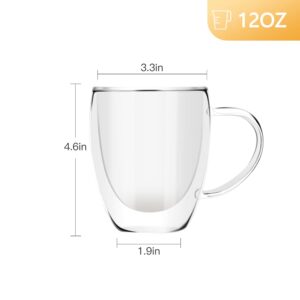 D.M DESIGN·MASTER [2 PACK,12 OZ -Premium Double Wall Insulated Glass with Handle Coffee or Tea Glass Mugs, Thermo Insulated Glass, Perfect for Latte, Cappuccino, Americano and Tea