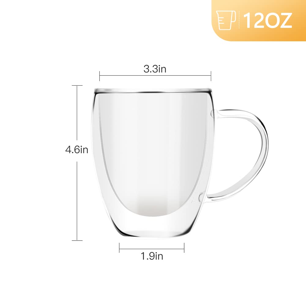 D.M DESIGN·MASTER [2 PACK,12 OZ -Premium Double Wall Insulated Glass with Handle Coffee or Tea Glass Mugs, Thermo Insulated Glass, Perfect for Latte, Cappuccino, Americano and Tea