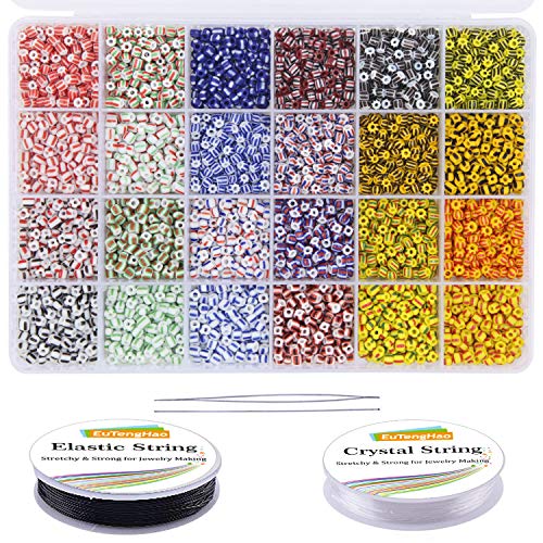 EuTengHao 6000pcs Striped Seed Beads Small Craft Glass Seed Spacer Beads Set for DIY Bracelet Necklaces Crafting Jewelry Making Supplies with Bracelet String (250Pcs Per Color, 4mm, 24 Colors)