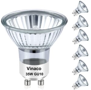 vinaco gu10 bulb, 6 pack mr16 gu10 120v 35w long lasting, gu10 halogen bulb warm white 2800k, 35w gu10 dimmable with gu10 base for track light bulbs, hood light bulbs. halogen gu10+c 120v 35w