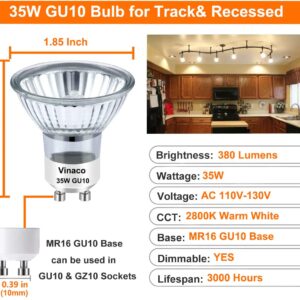 Vinaco GU10 Bulb, 6 Pack MR16 GU10 120V 35W Long Lasting, GU10 Halogen Bulb Warm White 2800K, 35W GU10 Dimmable with GU10 Base for Track Light Bulbs, Hood Light Bulbs. Halogen GU10+C 120V 35W