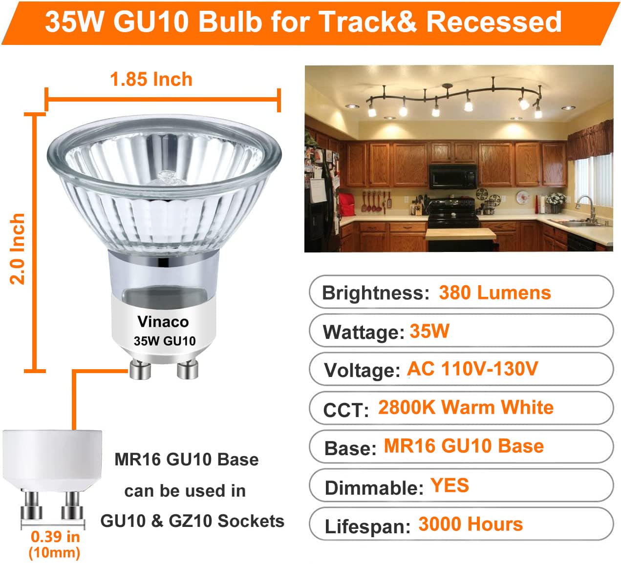 Vinaco GU10 Bulb, 6 Pack MR16 GU10 120V 35W Long Lasting, GU10 Halogen Bulb Warm White 2800K, 35W GU10 Dimmable with GU10 Base for Track Light Bulbs, Hood Light Bulbs. Halogen GU10+C 120V 35W