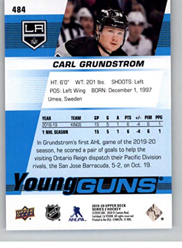 2019-20 Upper Deck #484 Carl Grundstrom Young Guns RC Rookie Los Angeles Kings NHL Hockey Trading Card