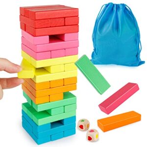 coogam wooden blocks stacking game with storage bag, toppling colorful tower building blocks balancing puzzles montessori toys learning sorting family games educational toys gifts for kids