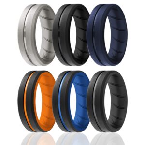 roq silicone rubber wedding ring for men, comfort fit, men's wedding band, breathable rubber engagement band, 8mm wide 2mm thick, engraved duo middle line, 6 pack, black, grey, dark blue, size 10