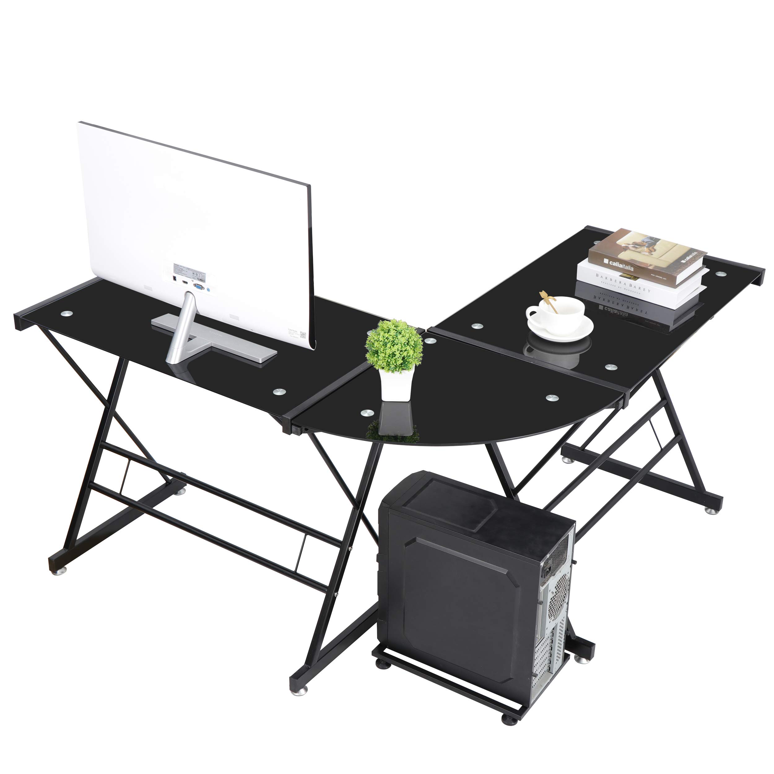 SUPER DEAL Modern L-Shaped Corner Desk - Black Glass Desktop Computer Gaming Table Office Writing Workstation with CPU Stand