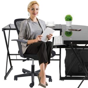 SUPER DEAL Modern L-Shaped Corner Desk - Black Glass Desktop Computer Gaming Table Office Writing Workstation with CPU Stand