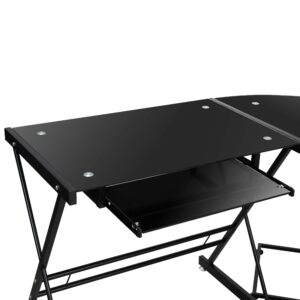 SUPER DEAL Modern L-Shaped Corner Desk - Black Glass Desktop Computer Gaming Table Office Writing Workstation with CPU Stand