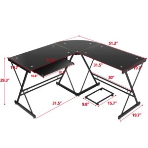 SUPER DEAL Modern L-Shaped Corner Desk - Black Glass Desktop Computer Gaming Table Office Writing Workstation with CPU Stand