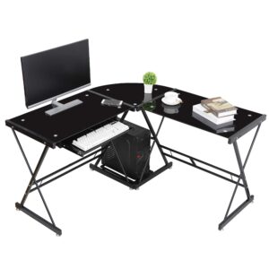 SUPER DEAL Modern L-Shaped Corner Desk - Black Glass Desktop Computer Gaming Table Office Writing Workstation with CPU Stand