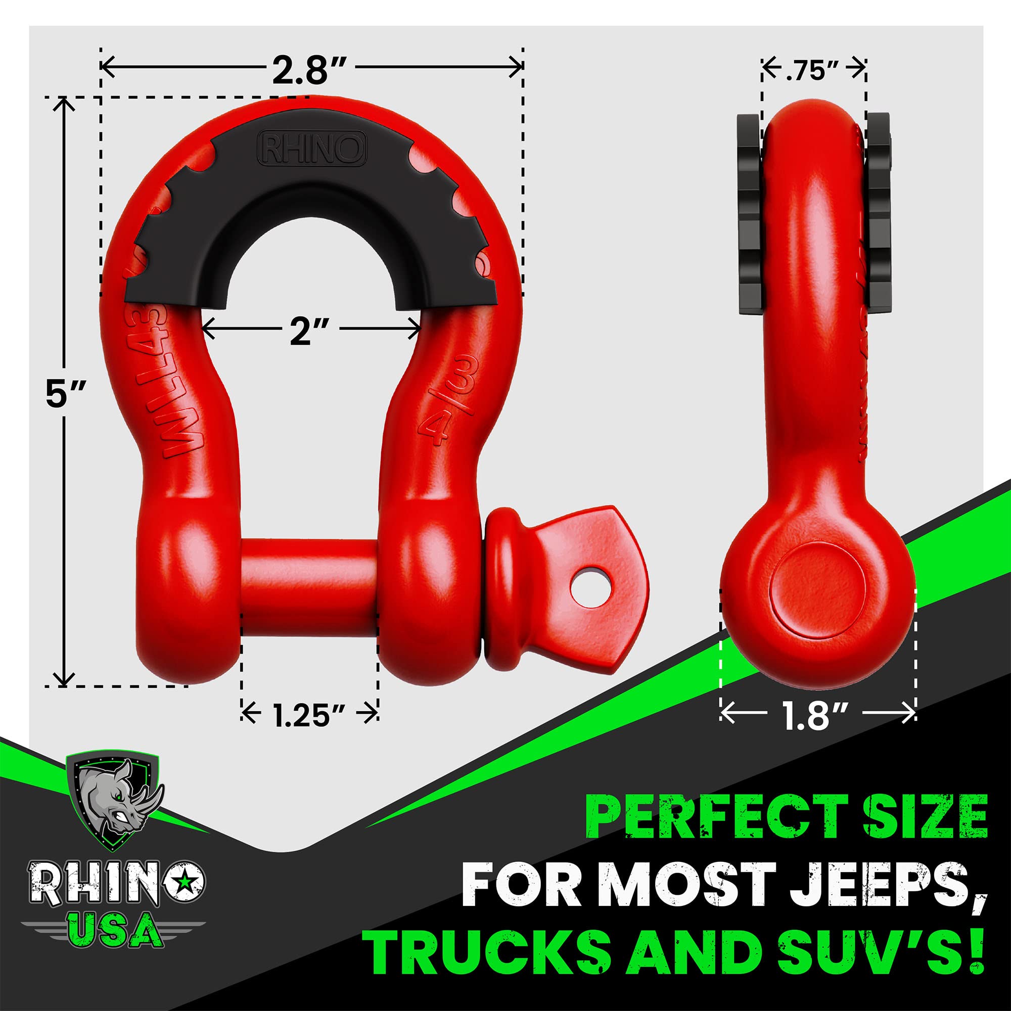 Rhino USA D Ring Shackle 41,850lb Break Strength – 3/4” Shackle with 7/8 Pin for use with Tow Strap, Winch, Off-Road Jeep Truck Vehicle Recovery, Best Offroad Towing Accessories