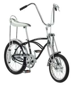 schwinn classic krate kids bike, for boys and girls age 6+ year old, iconic sting-ray frame & springer fork, vintage high-rise ape handlebar, banana seat, coal krate