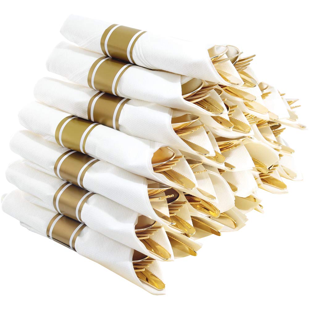 I00000 30 Guest Pre Rolled Napkins with Gold Plastic Silverware, Premium Disposable Cutlery Set Includes: 30 Forks, 30 Knives, 30 Spoons, 30 Napkins