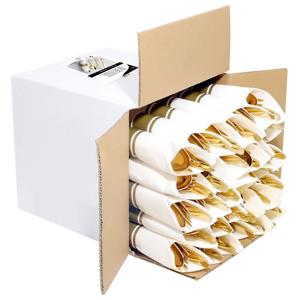 I00000 30 Guest Pre Rolled Napkins with Gold Plastic Silverware, Premium Disposable Cutlery Set Includes: 30 Forks, 30 Knives, 30 Spoons, 30 Napkins