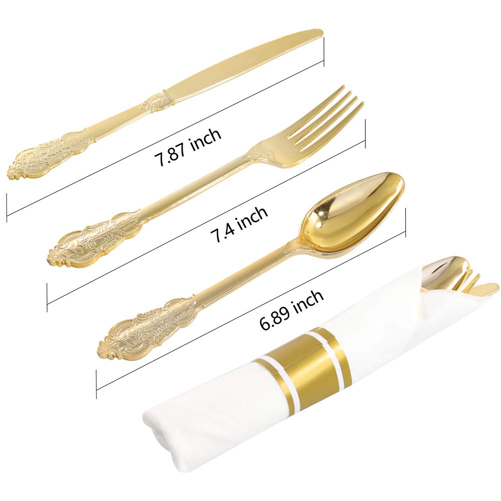 I00000 30 Guest Pre Rolled Napkins with Gold Plastic Silverware, Premium Disposable Cutlery Set Includes: 30 Forks, 30 Knives, 30 Spoons, 30 Napkins