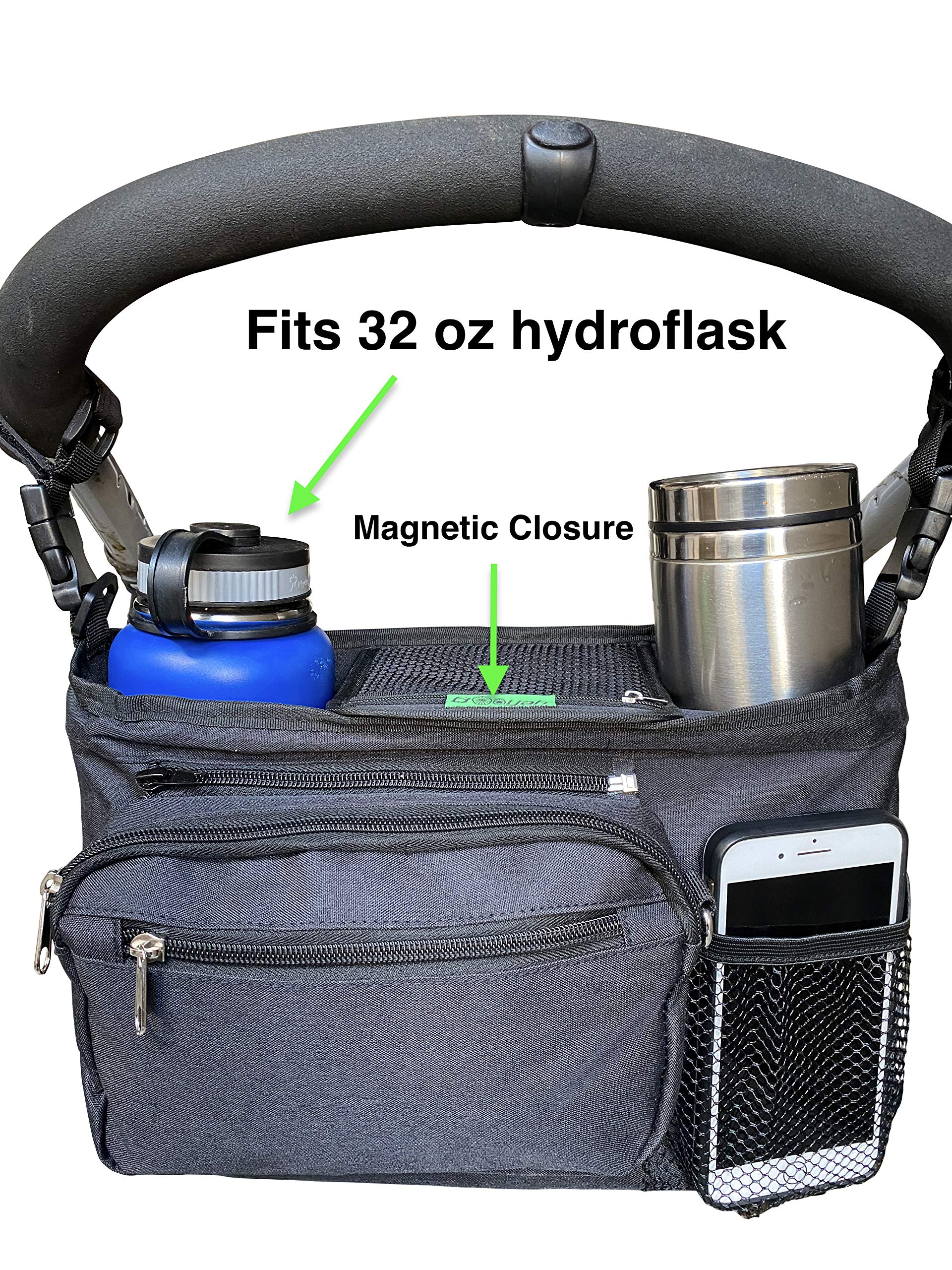 Booyah Stroller Detachable, Non Slip, Insulated Organizer Cup Holder fits hydroflask.