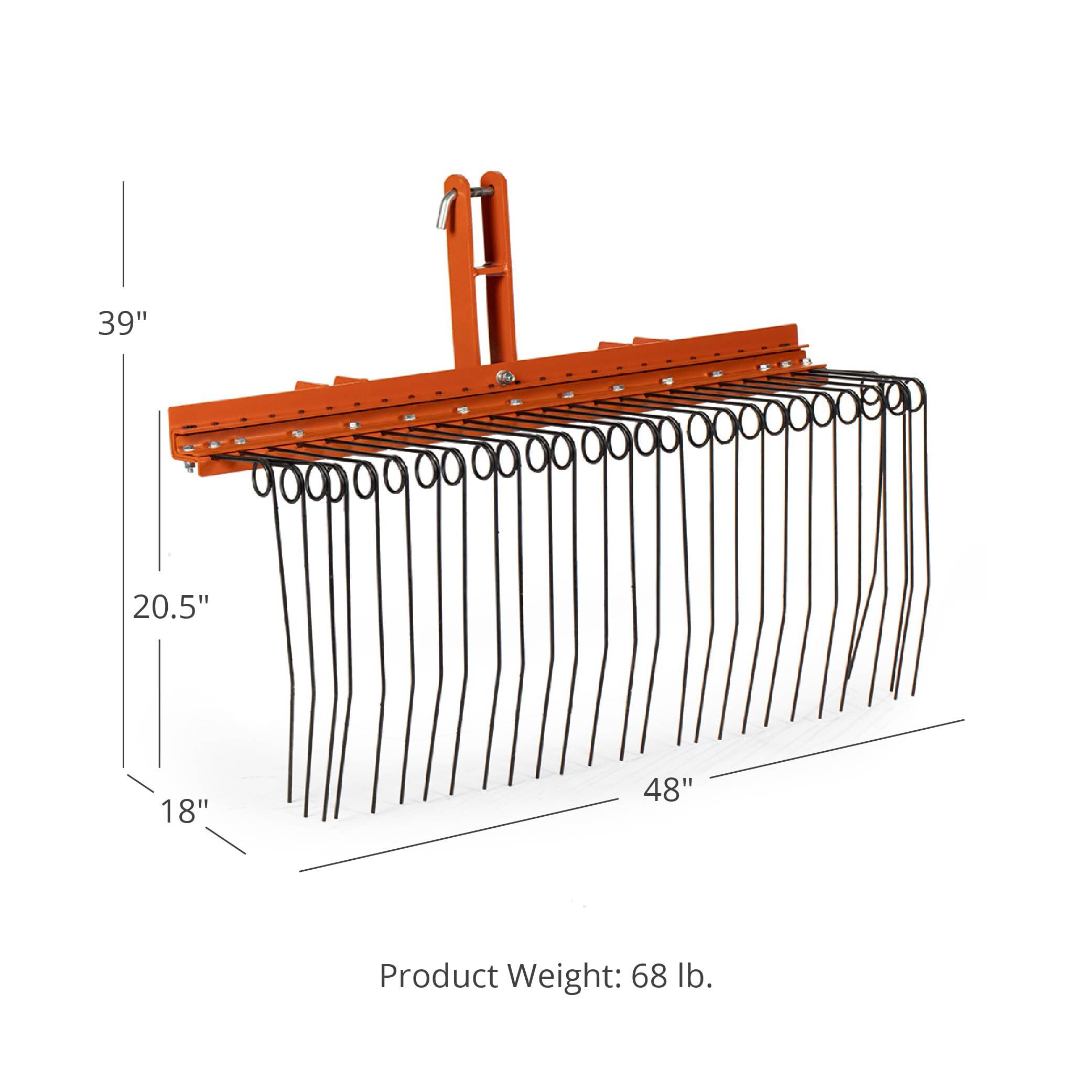 Titan Attachments 3 Point 4 FT Pine Straw Needle Rake, Category 0 Tractors, Coil Spring Tines, Drag-Behind Landscape Rake