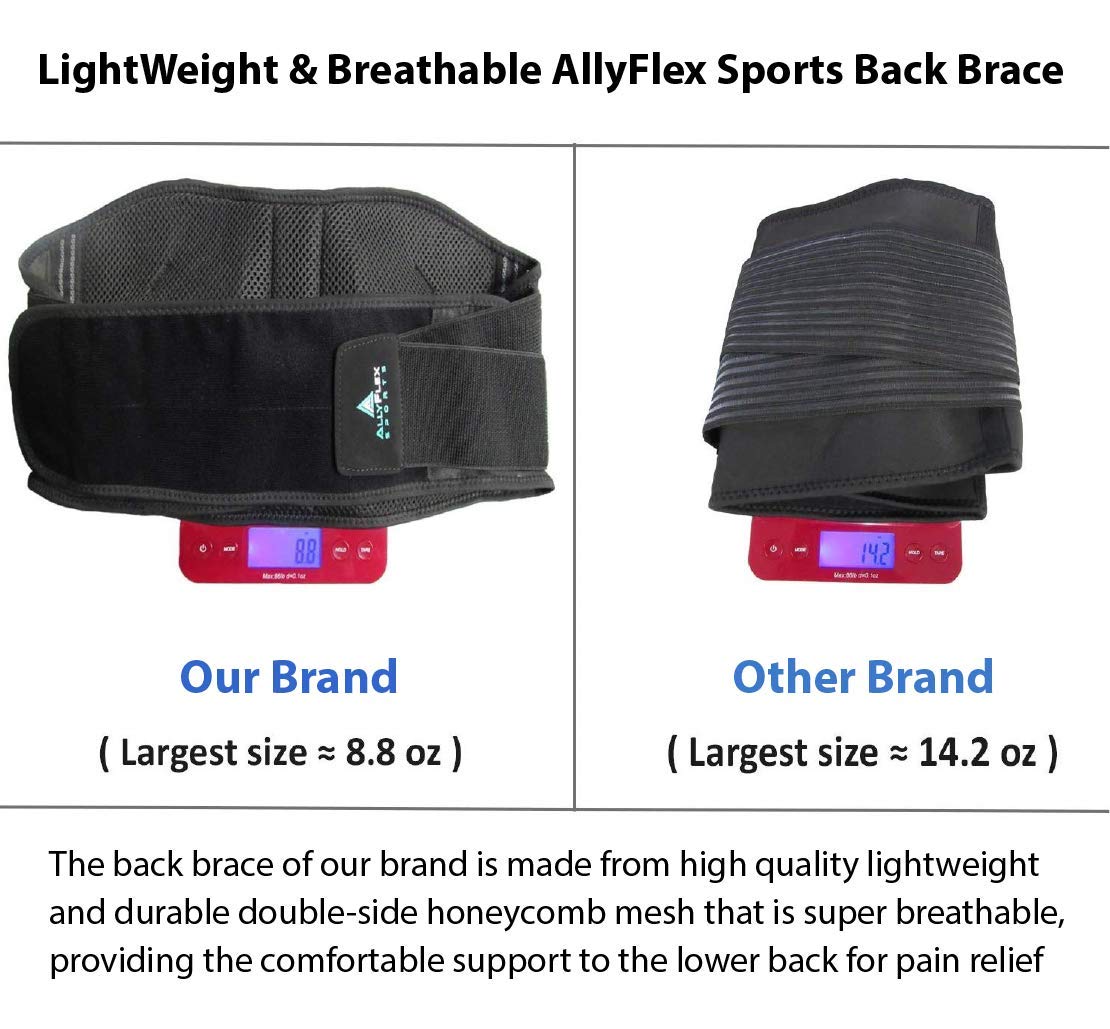 AllyFlex Sports® Lightweight Back Brace for Men & Women Under Uniform, Dual Medical 3D Lumbar Pads for Lower Back Pain Relief, Breathable Mesh with Adjustable Stapes for Back Stress - L