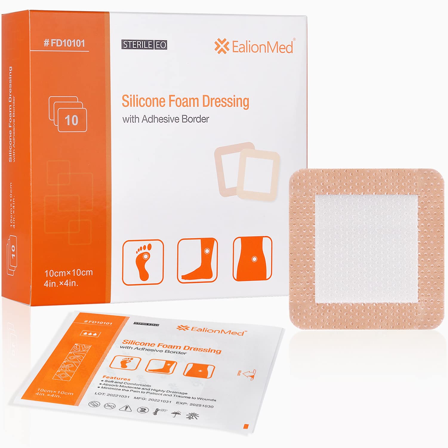 EalionMed Silicone Foam Dressing with Gentle Adhesive Border 4''x4'', 10 Pack, Painless Removal High Absorbency Bed Sore Wound Bandage for Pressure Sore, Leg Ulcer, Diabetic Ulcer