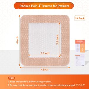 EalionMed Silicone Foam Dressing with Gentle Adhesive Border 4''x4'', 10 Pack, Painless Removal High Absorbency Bed Sore Wound Bandage for Pressure Sore, Leg Ulcer, Diabetic Ulcer