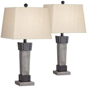 John Timberland Jacob Industrial Rustic Table Lamps 26" Tall Set of 2 with Dimmers Gray Faux Wood LED Tapered Rectangular Shade for Bedroom Living Room House Home Bedside Nightstand Office