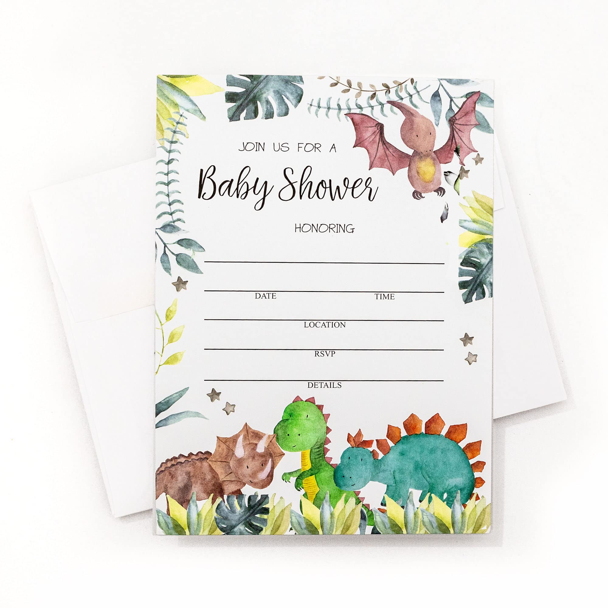 Baby Shower Invitations for Boy, 50 Invitations and Envelopes, Safari Jungle Fill-in Invites for Baby Showers, Dinosaur Baby Shower Decorations for Boys, Gender Reveal Parties (Large Size 5x7)