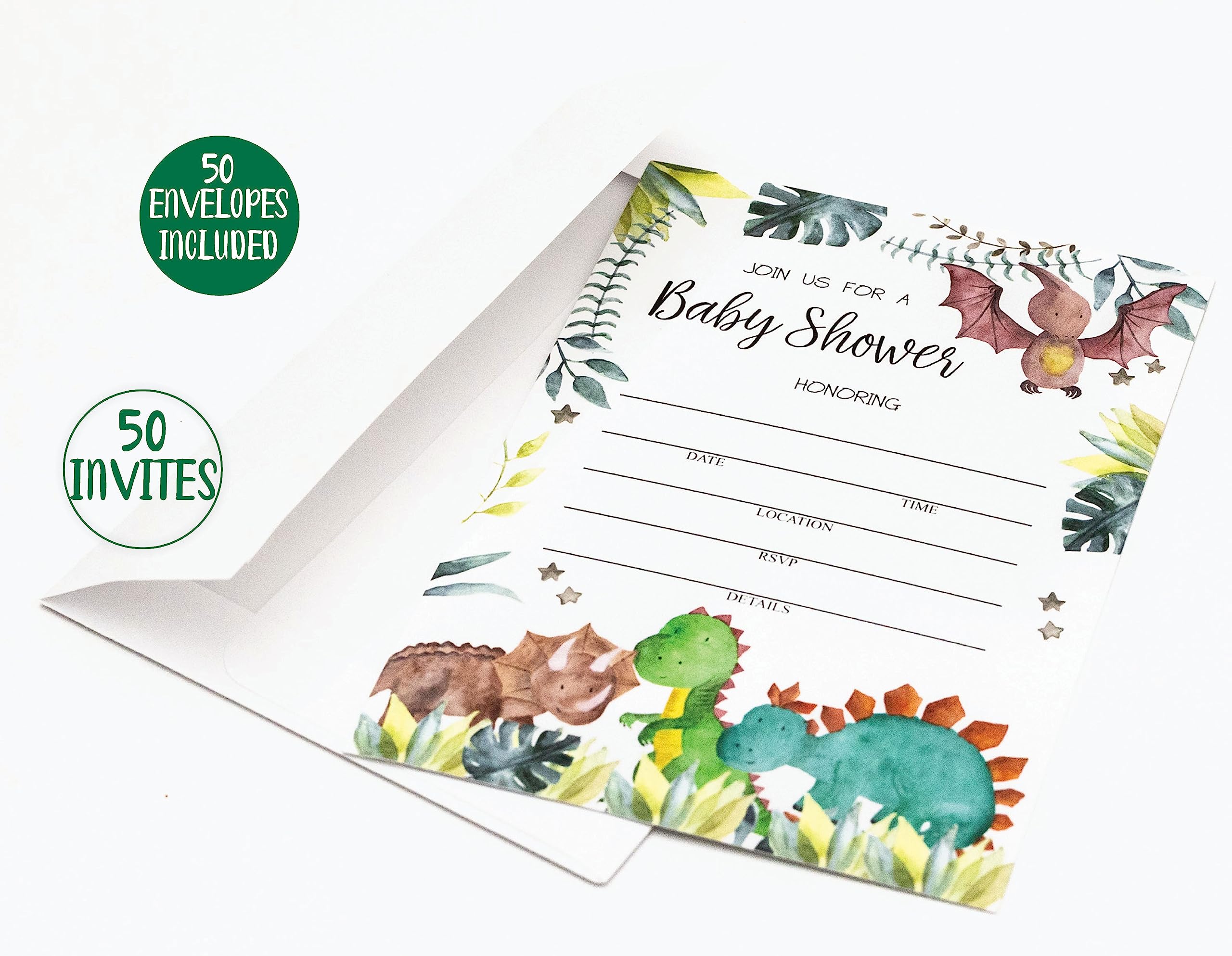 Baby Shower Invitations for Boy, 50 Invitations and Envelopes, Safari Jungle Fill-in Invites for Baby Showers, Dinosaur Baby Shower Decorations for Boys, Gender Reveal Parties (Large Size 5x7)