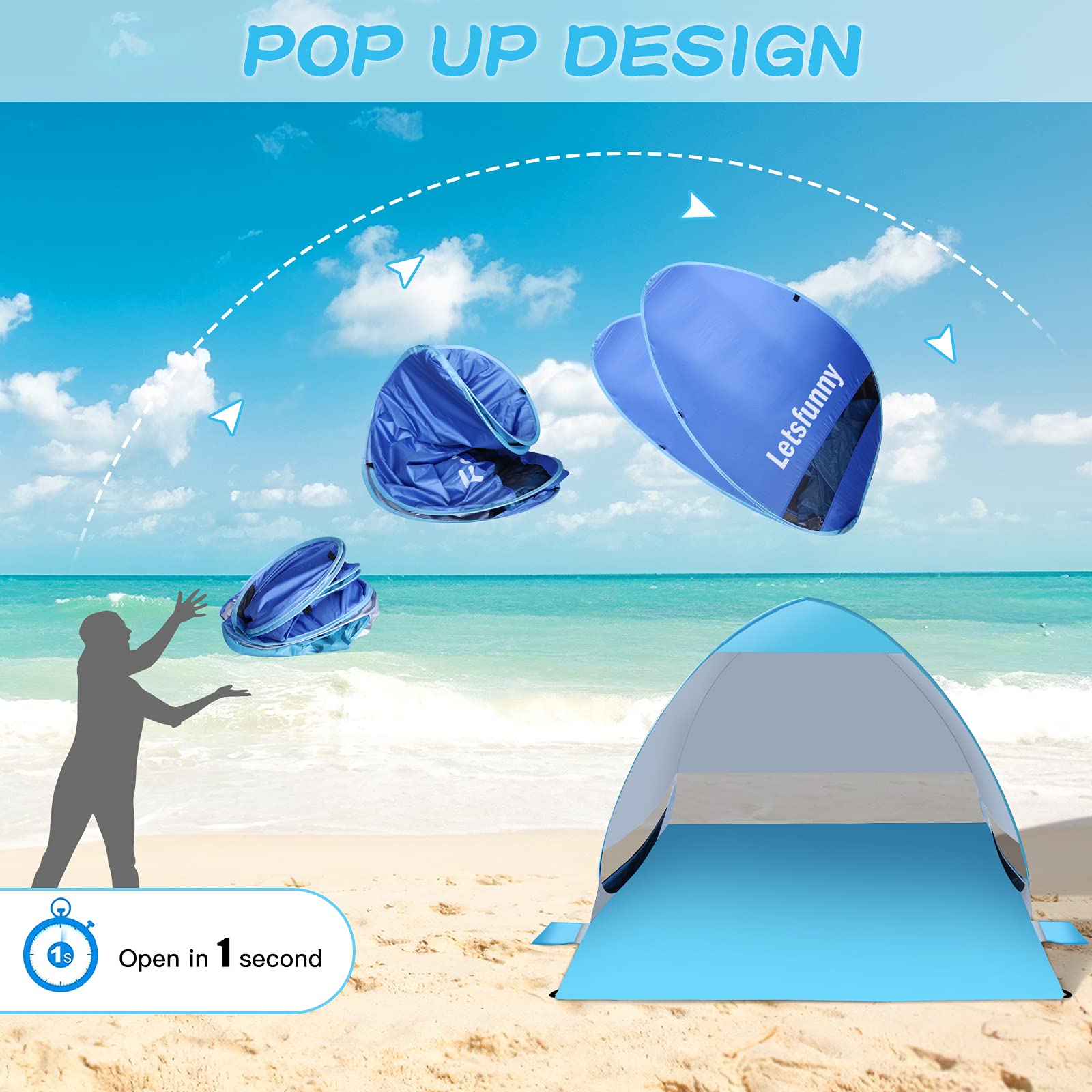 LetsFunny Large Pop up Beach Tent Sun Shade Shelter, UPF 50+ Pop-up 3-4 Person Outdoor Beach Tents Shelter Automatic Portable Sport Sun Umbrella Anti UV Baby Tent,Suitable for Family …