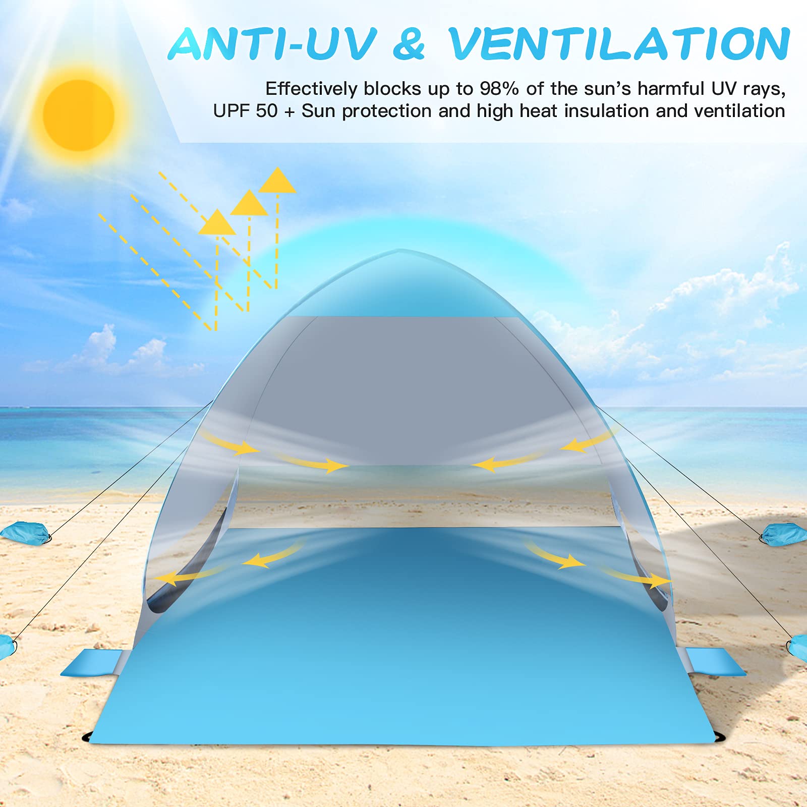 LetsFunny Large Pop up Beach Tent Sun Shade Shelter, UPF 50+ Pop-up 3-4 Person Outdoor Beach Tents Shelter Automatic Portable Sport Sun Umbrella Anti UV Baby Tent,Suitable for Family …