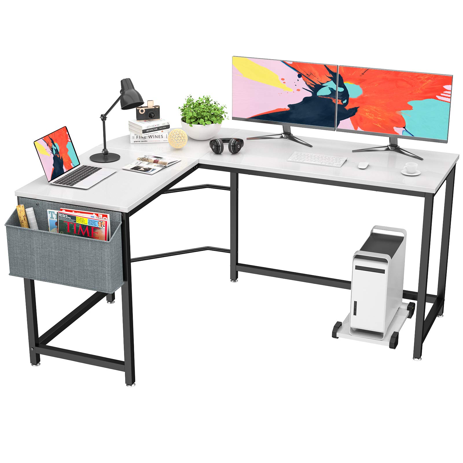 Foxemart L Shaped Desk Corner Desk 58" Computer Gaming Desk PC Table Writing Workstation for Home Office, Large L Study Desk 2 Person Multi-Usage Tables Modern Simple Desk with Storage Bag & CPU Stand