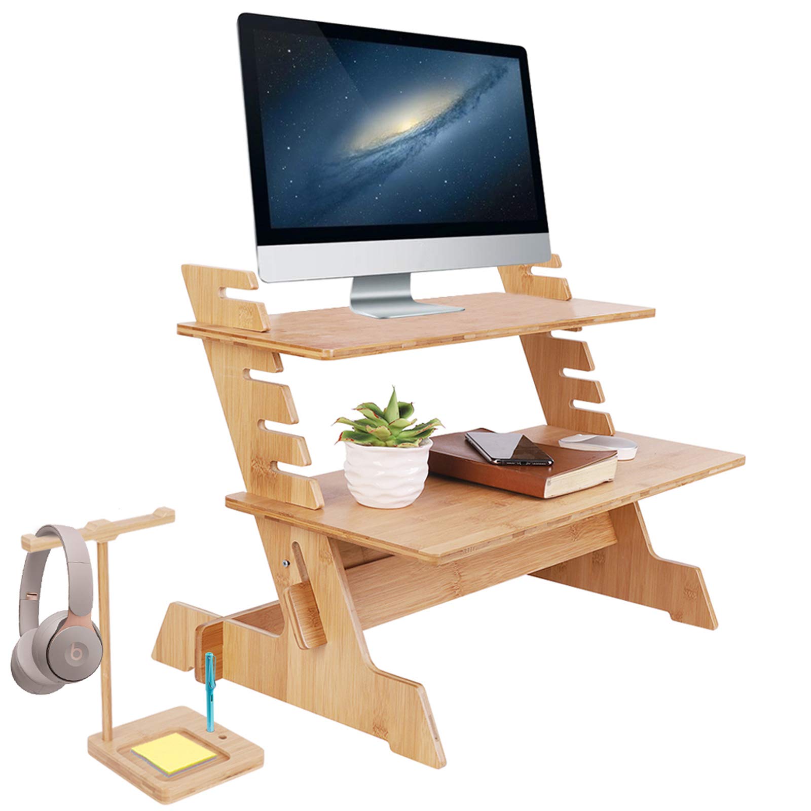 Wisfor Bamboo Standing Monitor Stand Desk Convertor Riser for Monitor Adjustable Height Standup Desk Top Laptop Workstation with Phone Headset Holder