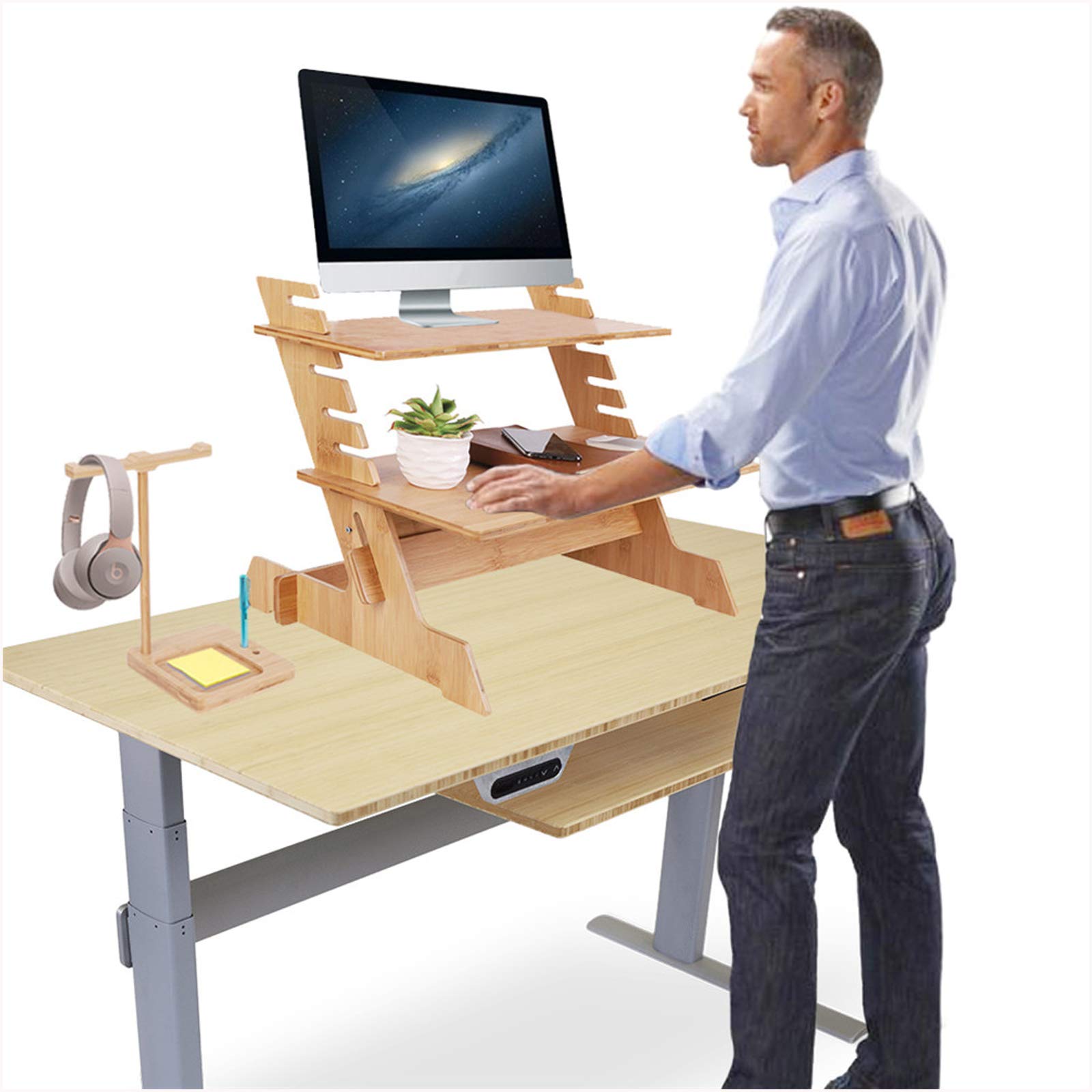 Wisfor Bamboo Standing Monitor Stand Desk Convertor Riser for Monitor Adjustable Height Standup Desk Top Laptop Workstation with Phone Headset Holder