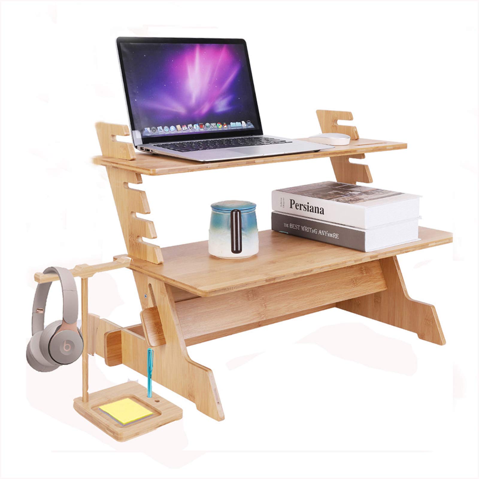 Wisfor Bamboo Standing Monitor Stand Desk Convertor Riser for Monitor Adjustable Height Standup Desk Top Laptop Workstation with Phone Headset Holder